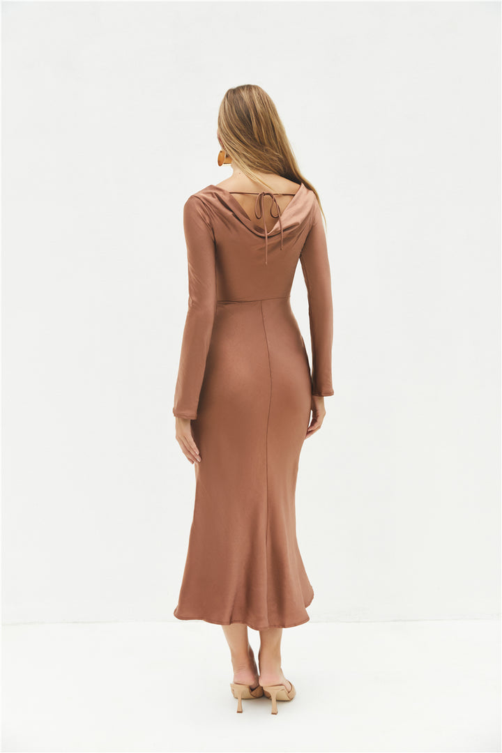 The Forget Me Not Satin Maxi Dress Brown | Fortunate One
