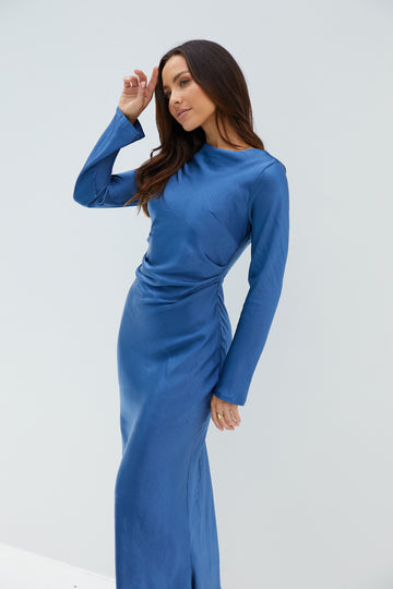 The Forget Me Not Satin Midi Dress Navy | Fortunate One