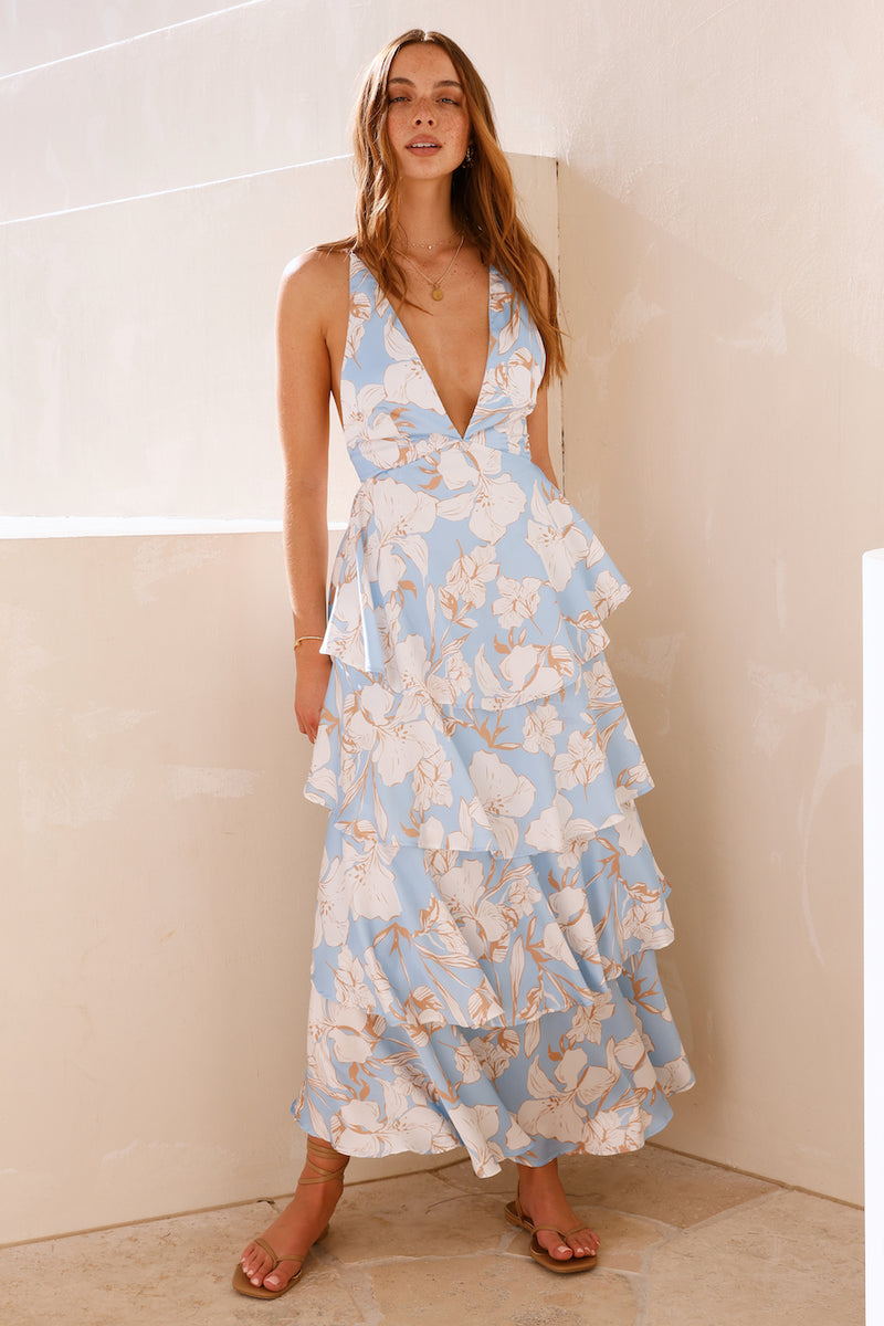 Ocean Trails Satin Maxi Dress Blue | Fortunate One