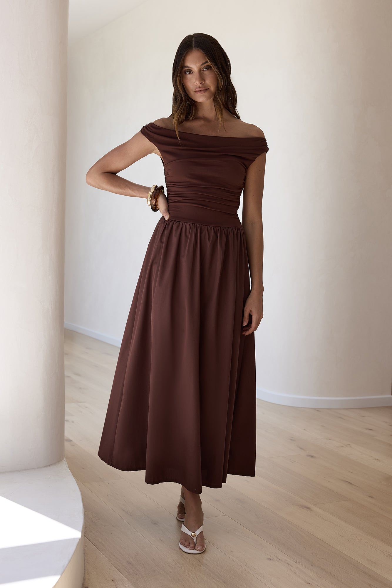 Days Of The Sun Off Shoulder Maxi Dress Chocolate | Fortunate One