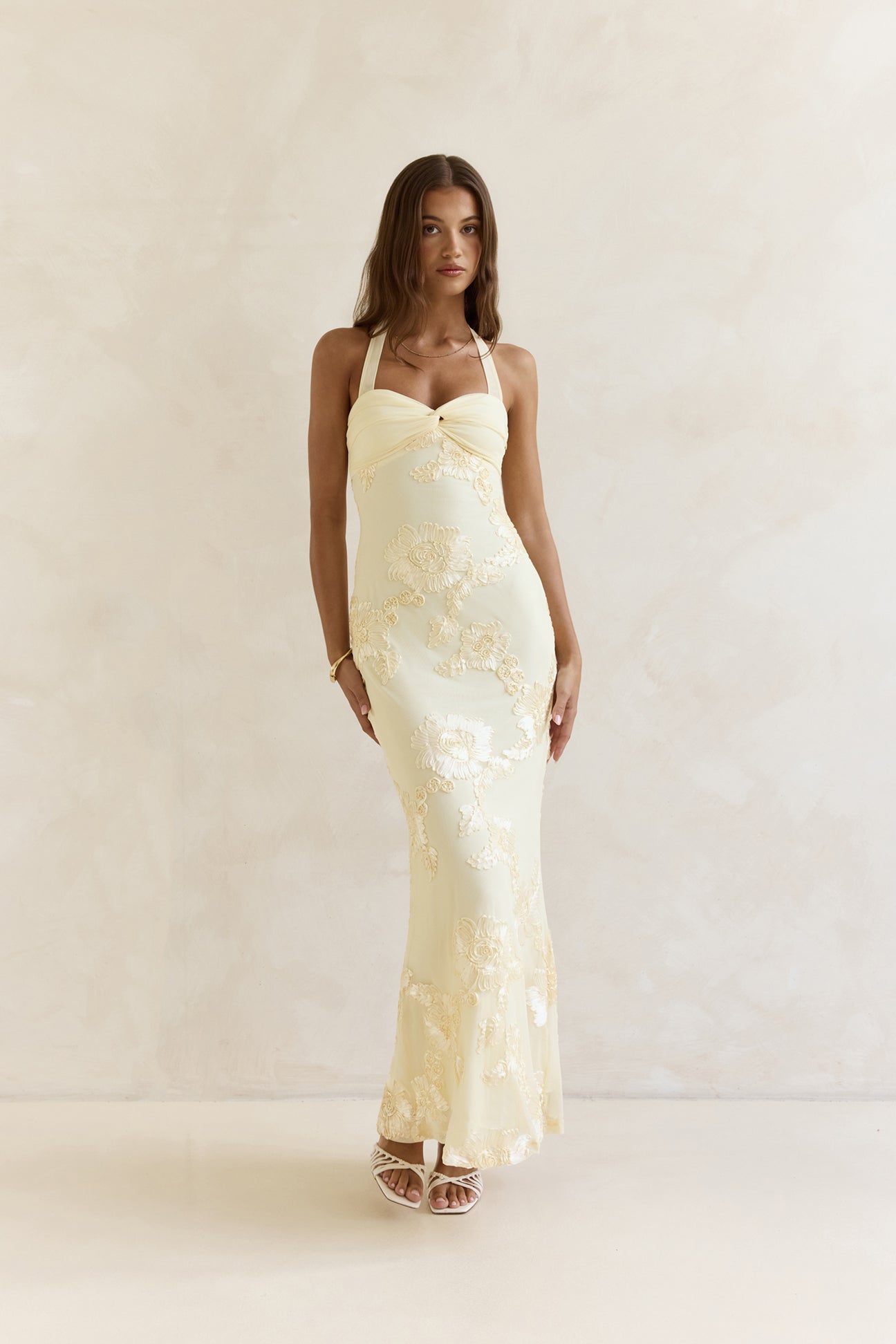 Skybloom Mesh Halter Maxi Dress Yellow | Fortunate One