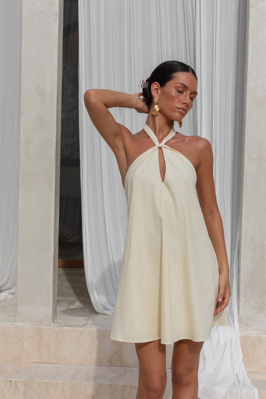 Coconut Sips Halter Mini Dress Yellow | Fortunate One