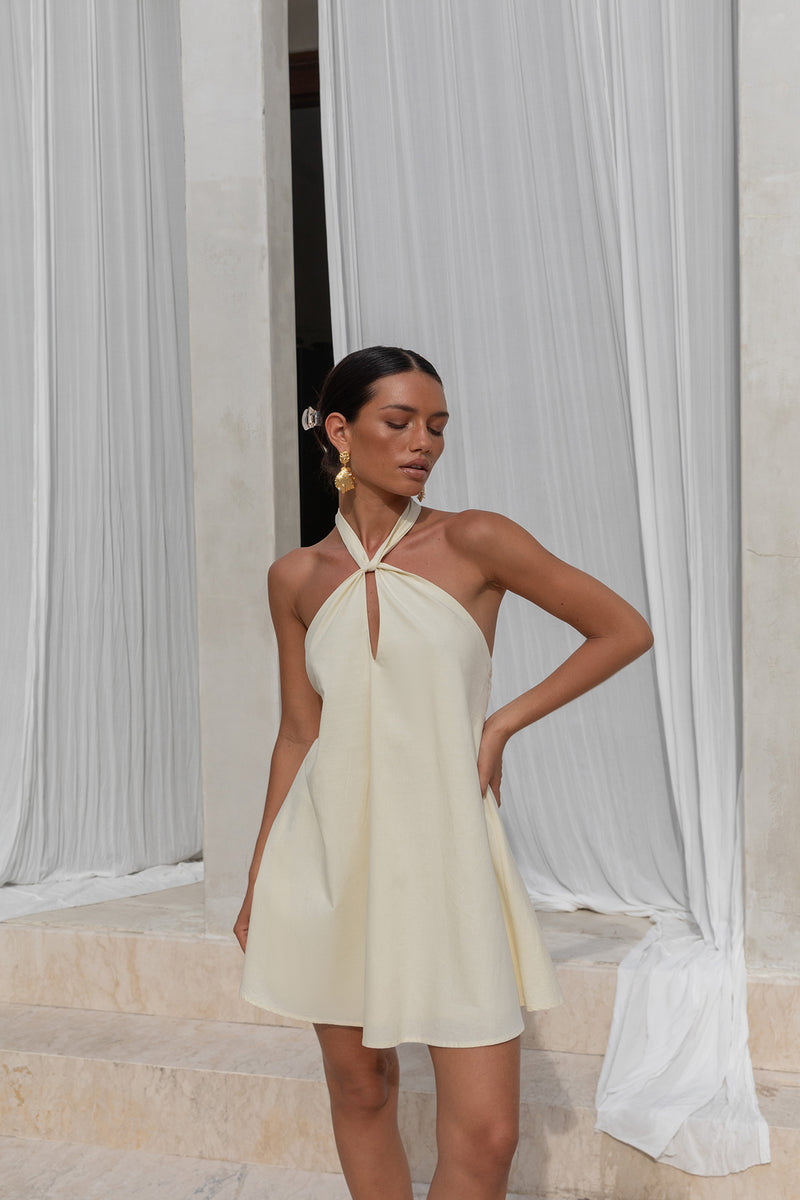 Coconut Sips Halter Mini Dress Yellow | Fortunate One