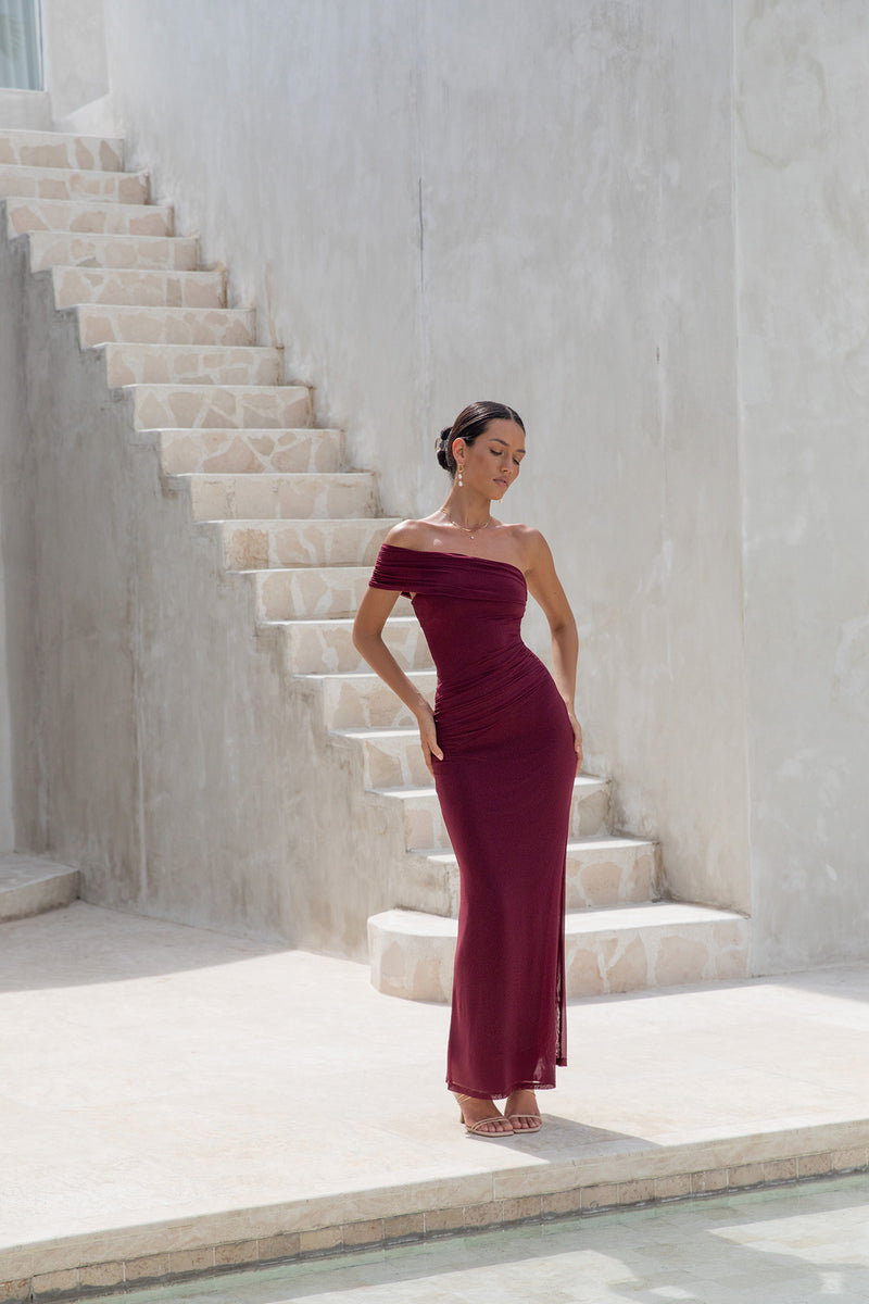 Dahlia One Shoulder Mesh Maxi Dress Maroon | Fortunate One